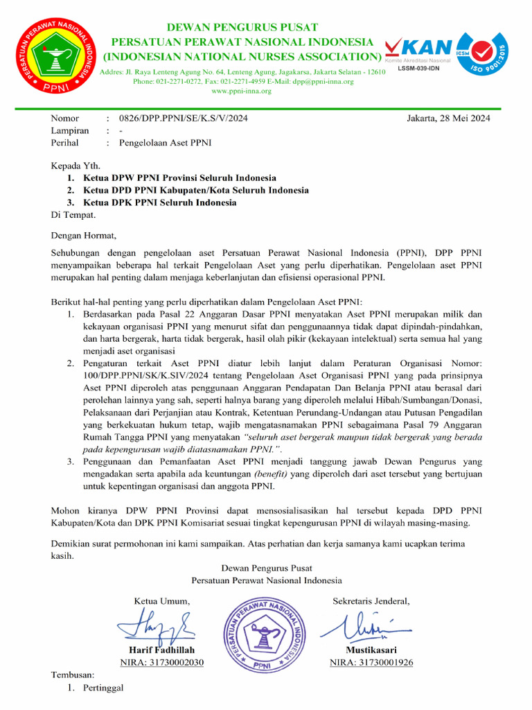 0826-Edaran-DPW, DPD Dan DPK-Aset PPNI - 001 | PDF