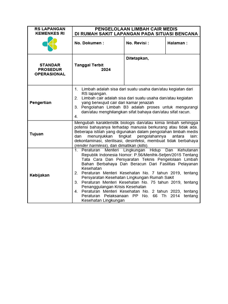 SPO Pengelolaan Limbah Cair Medis RS Lapangan | PDF | Sains & Matematika | Teknologi & Rekayasa