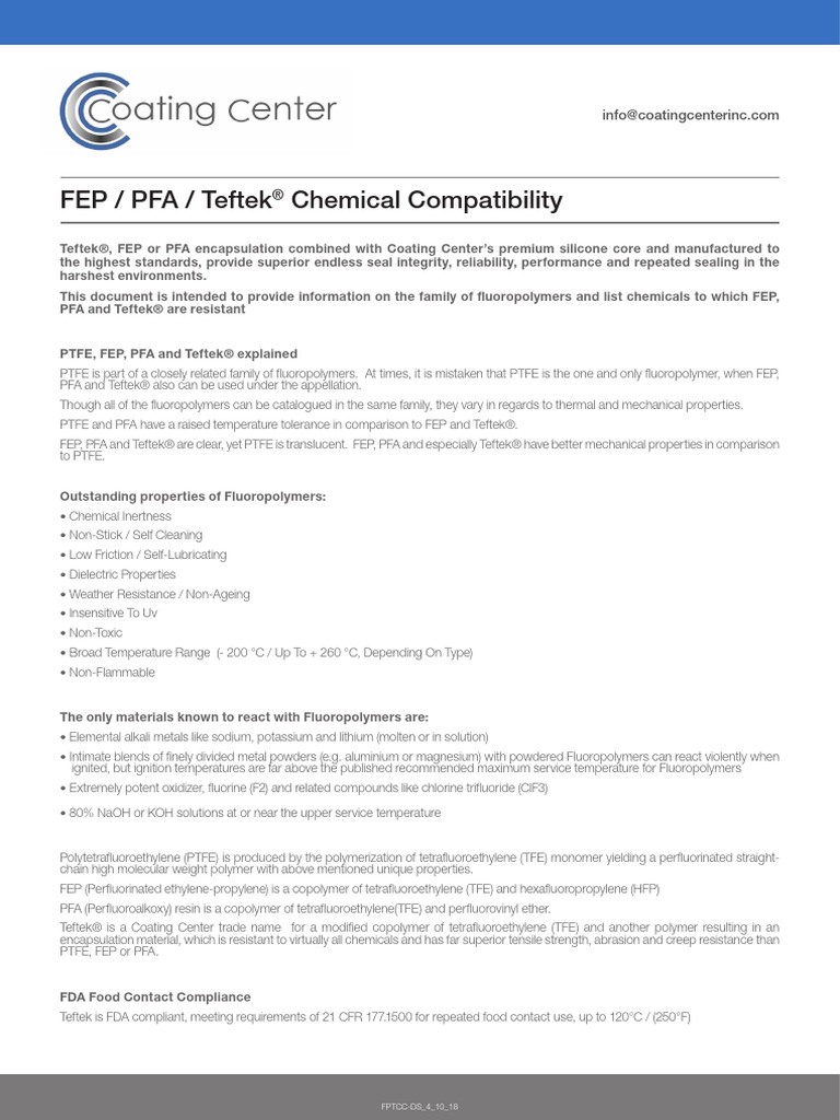 FEP PFA Teftek Chemical Compatibility - V4 | PDF | Chemical Elements ...