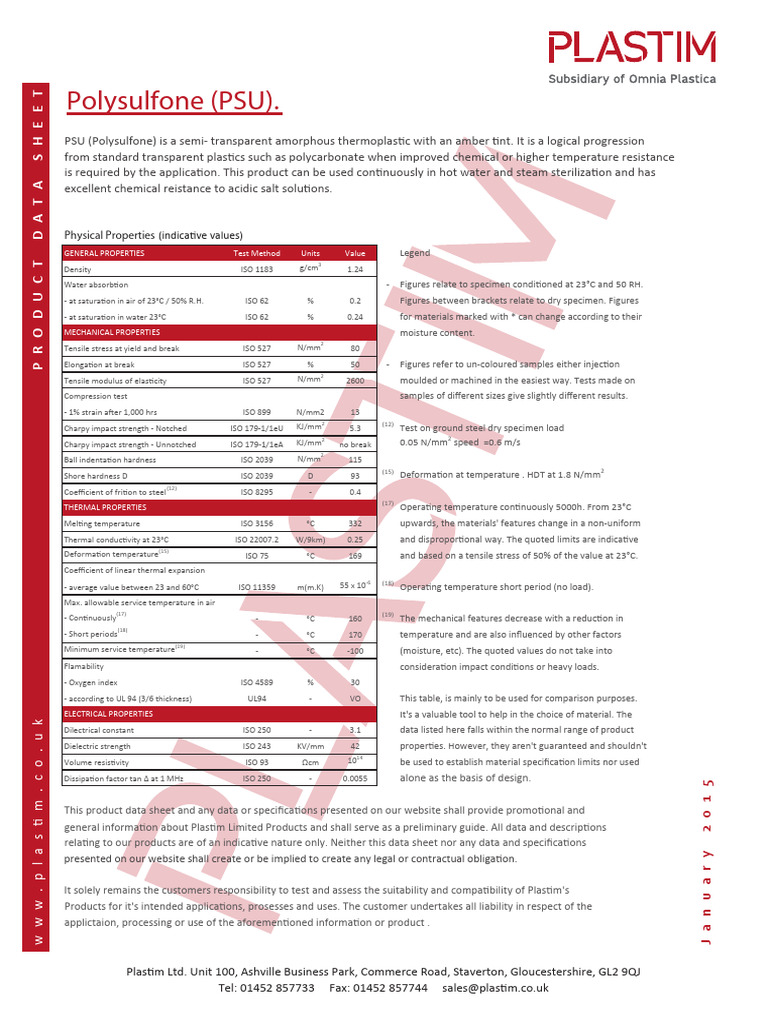 Polysulfone PSU Technical Data Sheet | PDF | Strength Of Materials | Deformation (Engineering)