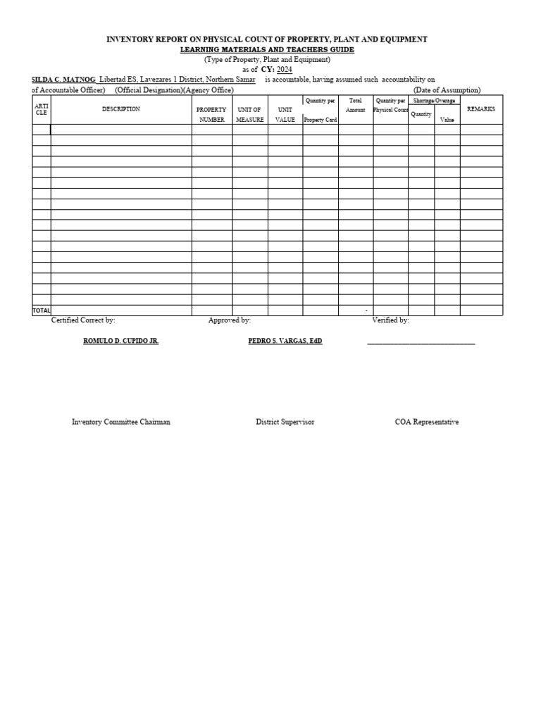 INVENTORY REPORT ON PHYSICAL COUNT OF PROPERTY PLANT AND EQUIPMENT Form ...