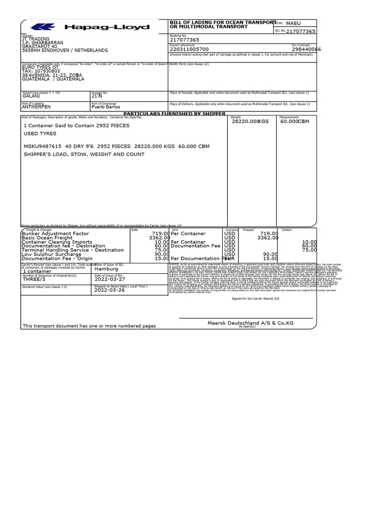 Or Multimodal Transport Bill of Lading For Ocean Transport: Grastapijt 40 J.P. Gharbarran JT ...