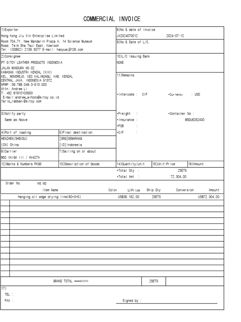 Commercial Invoice for Export Transaction | PDF
