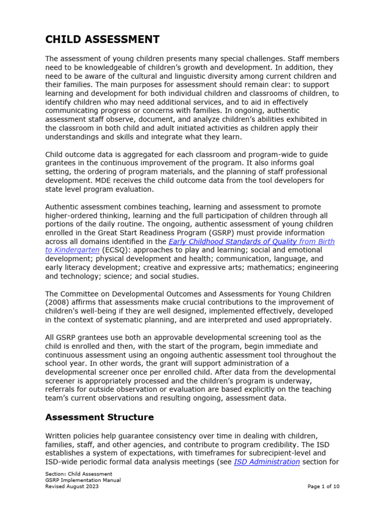 GSRP Child Assessment Section | PDF | Educational Assessment | Child ...