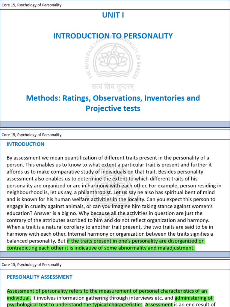 Unit 1 - Methods of Personality Assessment | PDF | Psychology ...