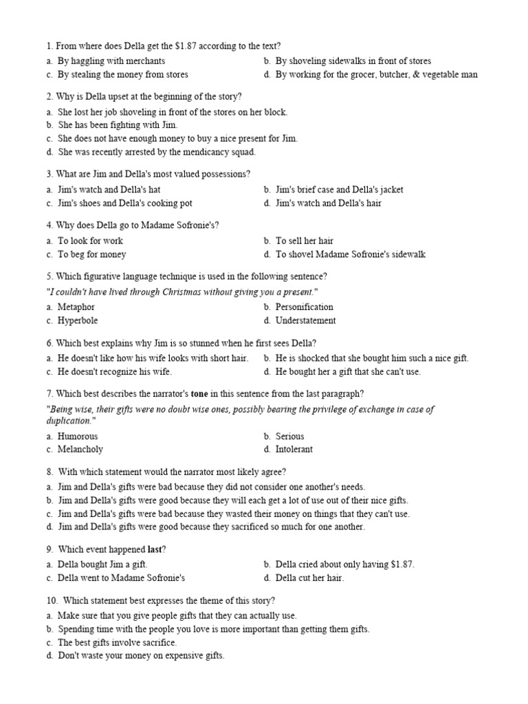 "Gift of the Magi" Quiz | PDF | Home & Garden | Mystery, Thriller ...