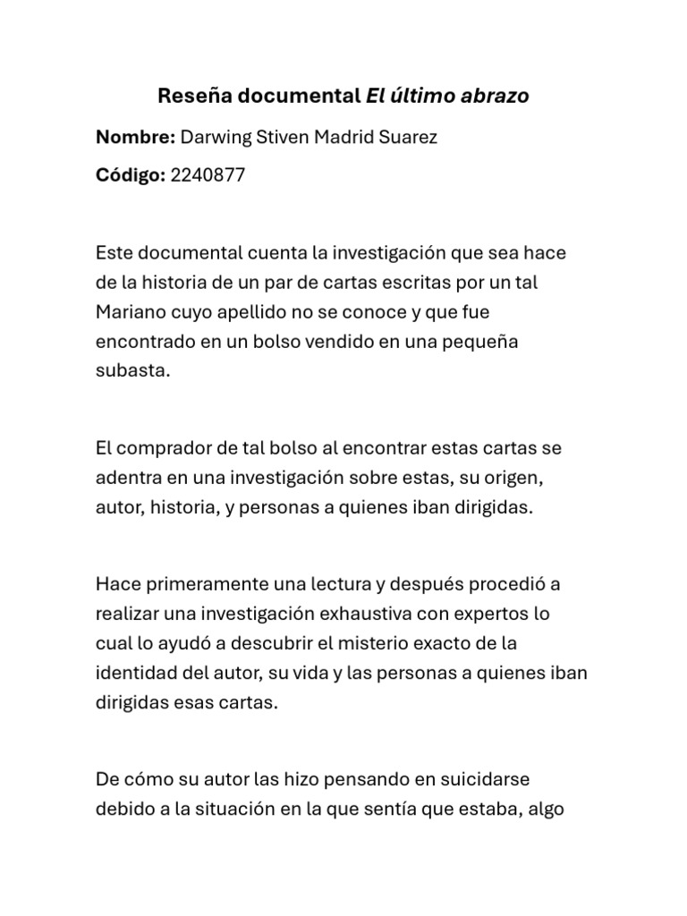 Reseña Documental El Último Abrazo: Nombre: Darwing Stiven Madrid ...
