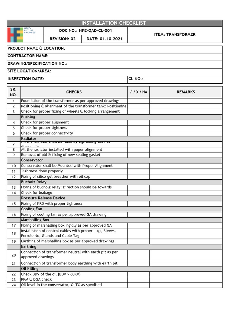 Transformer and Electrical Installation Checklist | PDF | Electrical ...