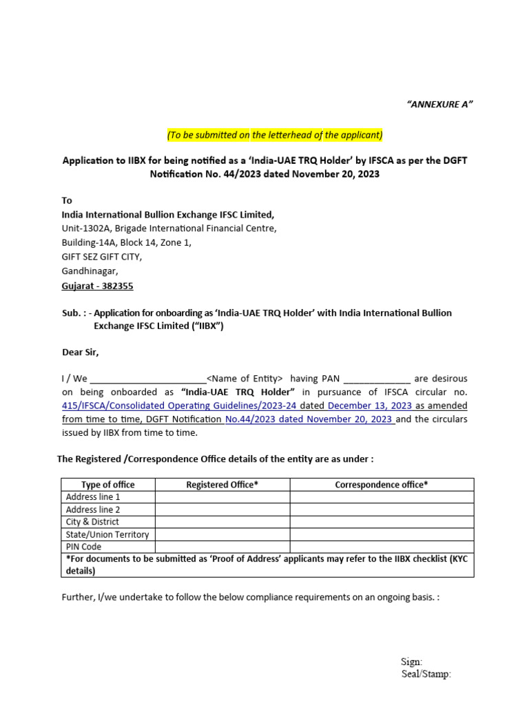 Annexure A - Application Form For Onboarding As India-UAE TRQ Holder ...