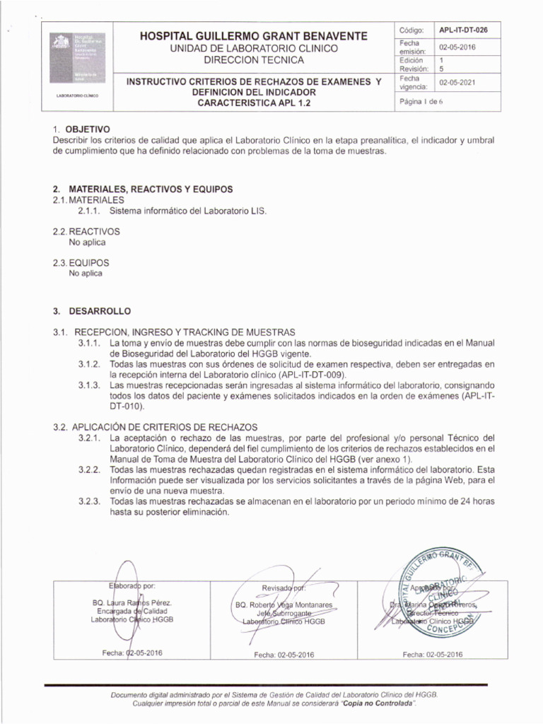 Apl 1.2 Instructivo Criterios Rechazo de Examenes y Definicion Indicador Caracteristica Apl 1.2 ...