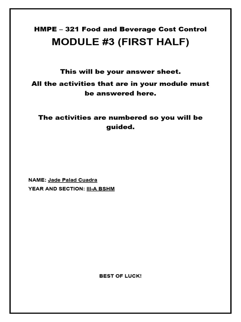 Cuadra, Jade P BSHM 3A - HMPE321 Module 3 (First Half) | PDF | Menu | Restaurants