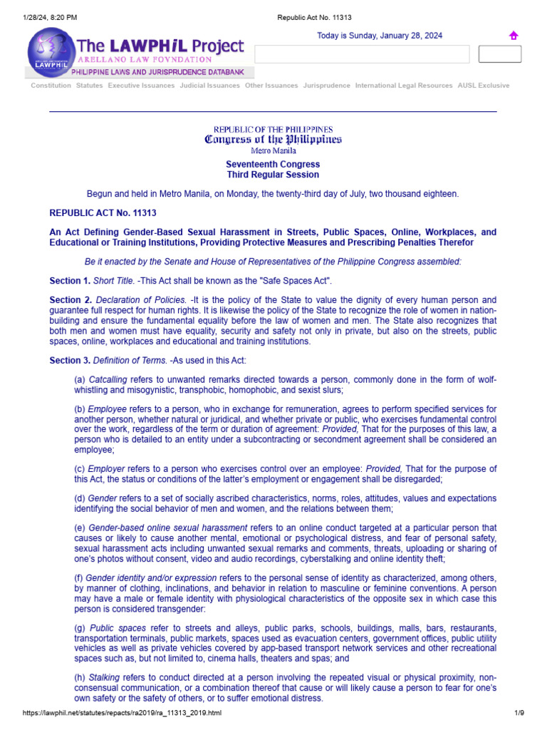 Safe Spaces Act Republic Act No. 11313 | PDF | Sexual Harassment ...