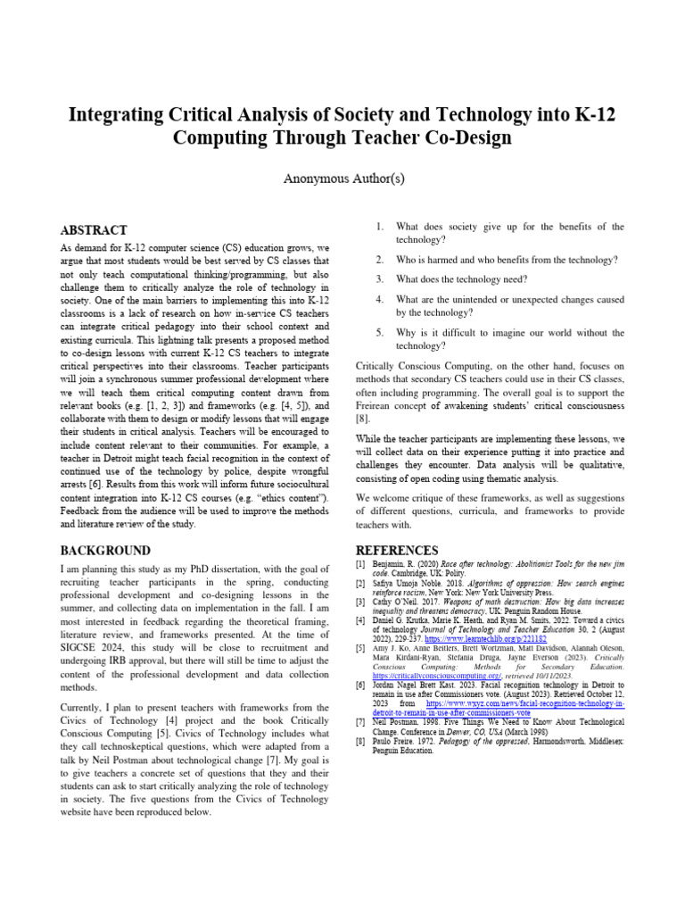 Integrating Critical Analysis of Society and Technology Into K-12 Computing Through Teacher Co ...