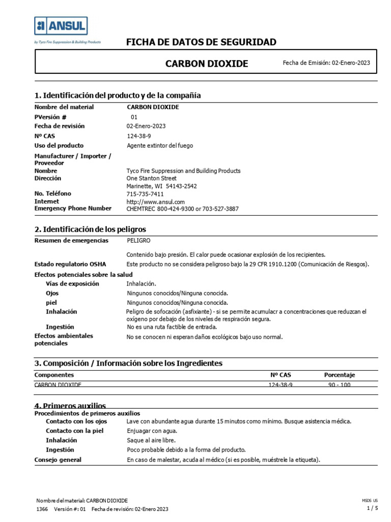 MSDS - US - Spanish - CARBON - DIOXIDE | PDF | Agua | Residuos