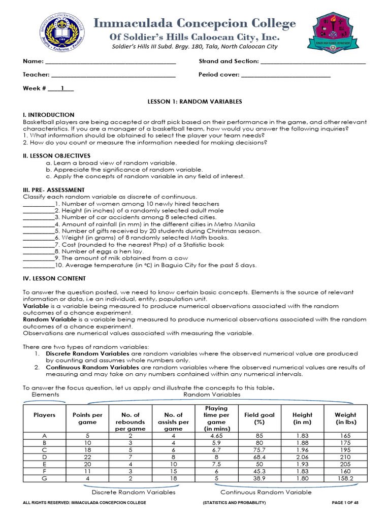 Statistics and Probability Module | PDF | Expected Value | Variance