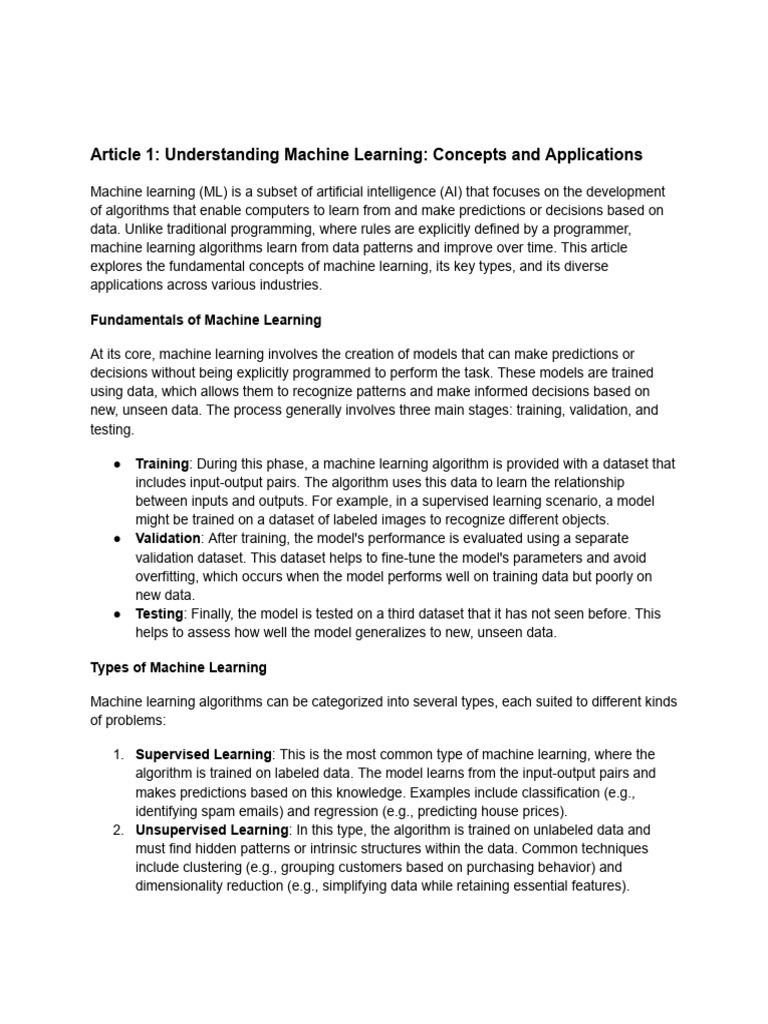Article 1 - Understanding Machine Learning - Concepts and Applications | PDF | Machine Learning ...