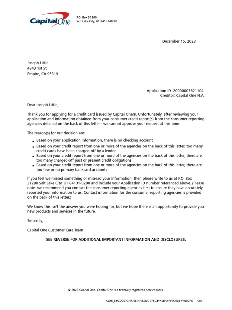 Capital One Credit Application Denial | PDF | Credit History | Credit ...