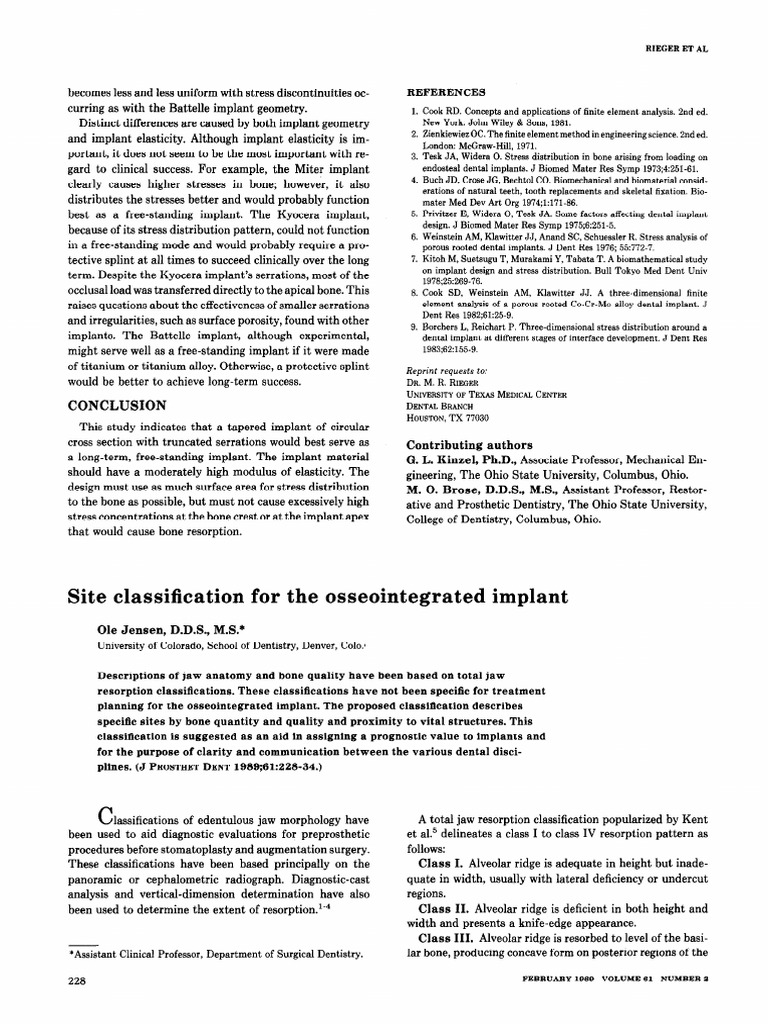 JPD 1989 Siter Classification For The Osseointegrated Implant PDF | PDF | Dental Implant | Tooth