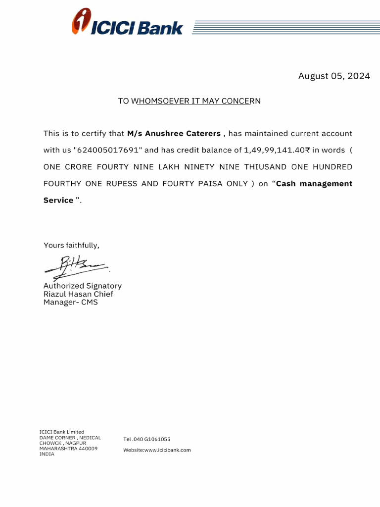 Icici Bank Certificate | PDF
