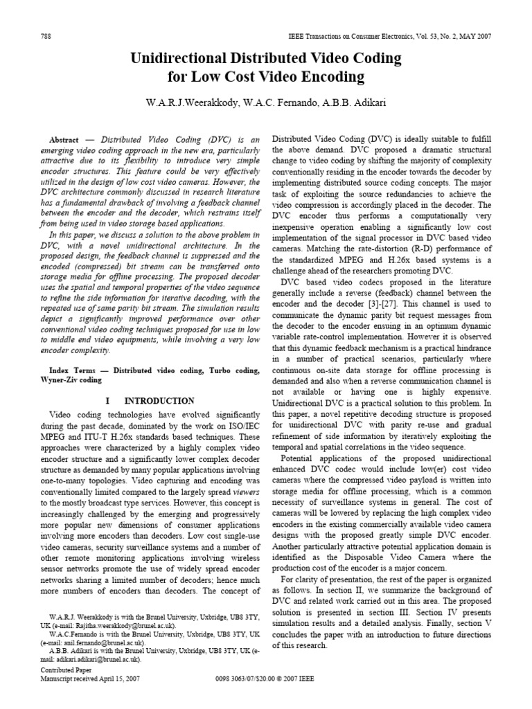 Unidirectional Distributed Video Coding For Low Cost Video Encoding | PDF | Data Compression | Codec