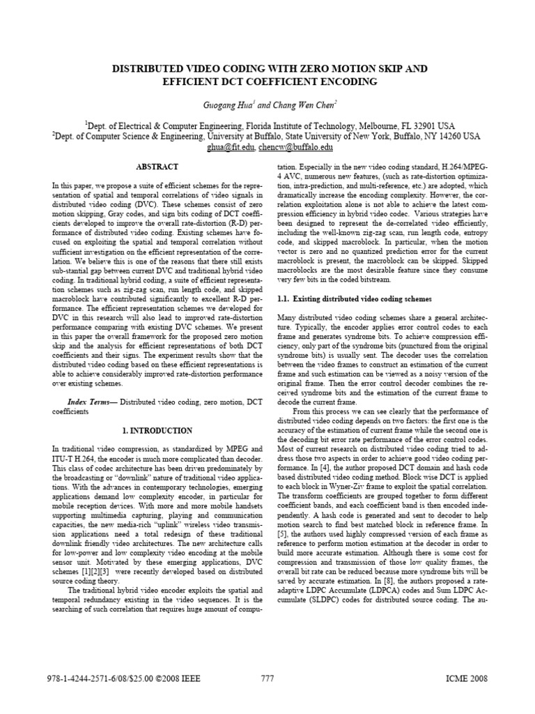 Distributed Video Coding With Zero Motion Skip and Efficient DCT Coefficient Encoding | PDF ...