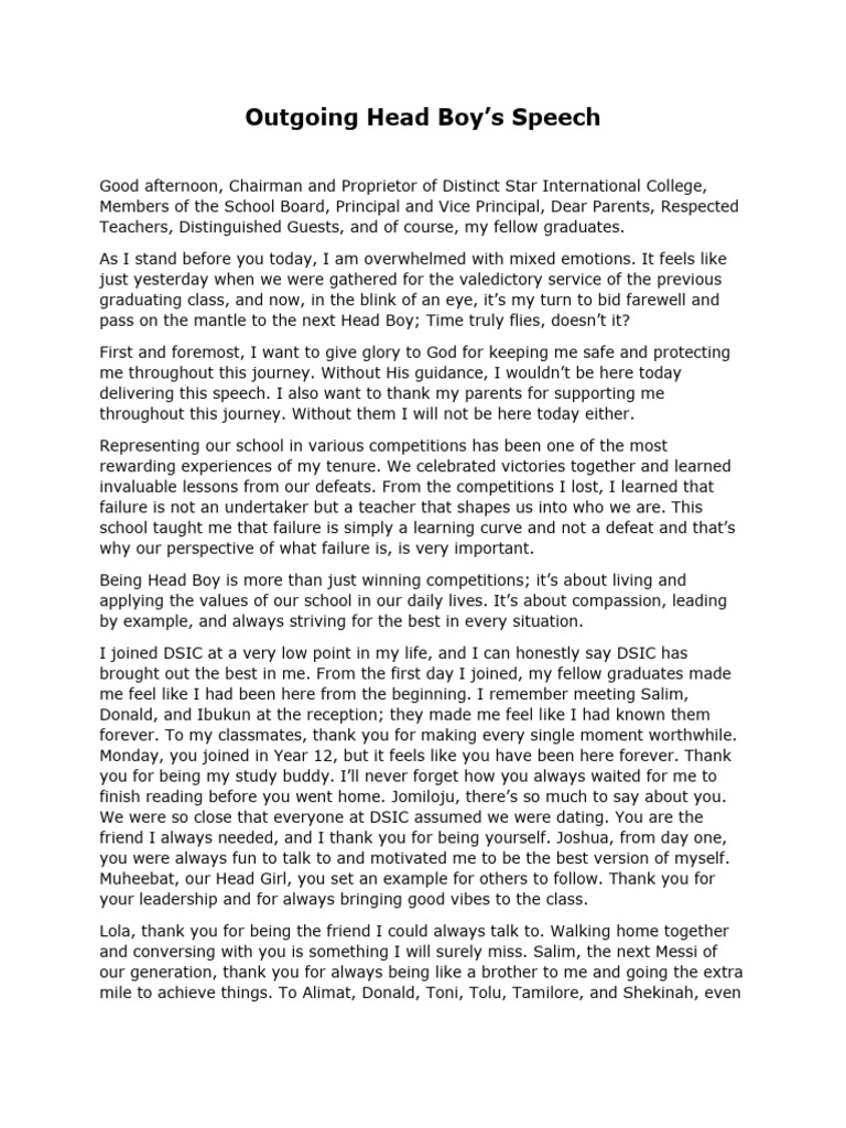 Outgoing Head Boy Speech | PDF | Experience