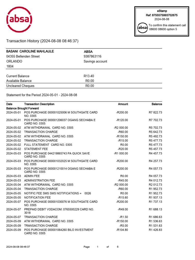 3 Months Bank Statement Absa | PDF | Debit Card | Automated Teller Machine