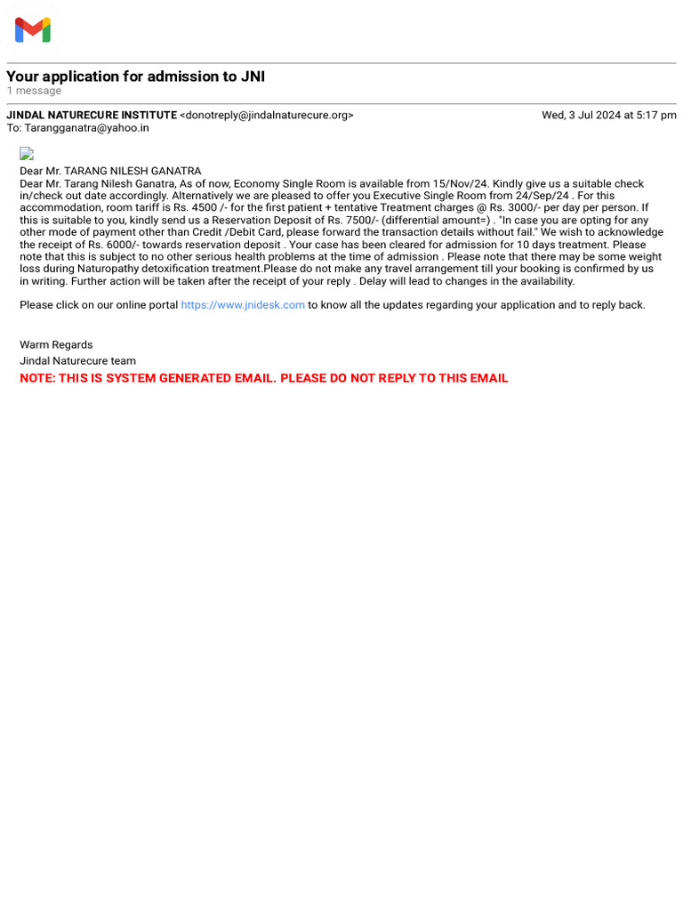 JNI Admission Confirmation Details | PDF