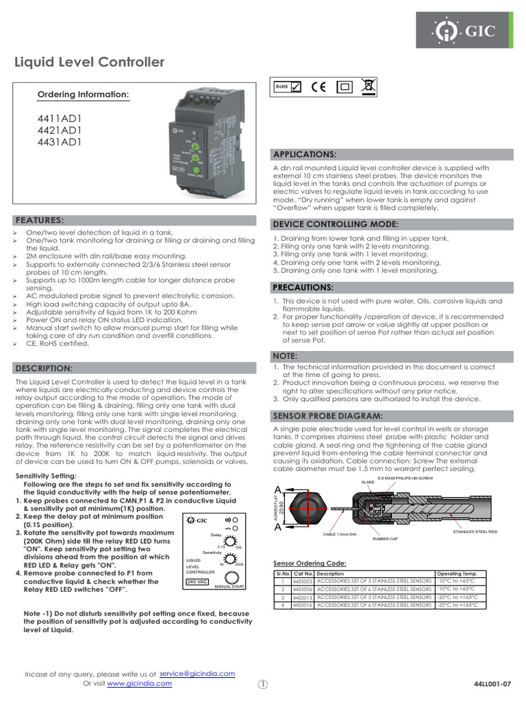 Liquid_Level_Controller_44LL001 | PDF | Relay | Liquids
