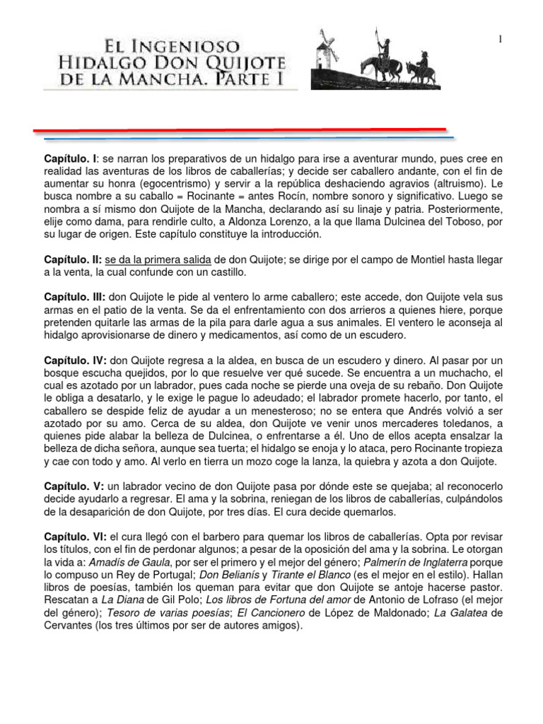 Resumen de la Primera Parte de Don Quijote | PDF | Don Quijote