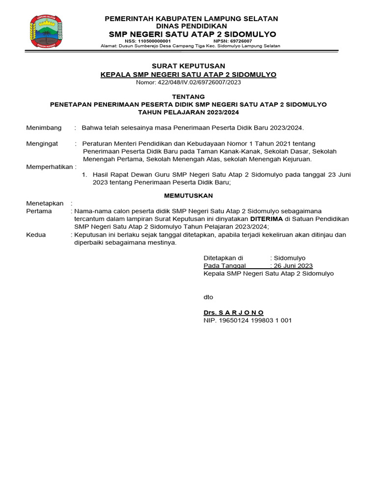 Contoh SK PPDB 2023-2024 | PDF