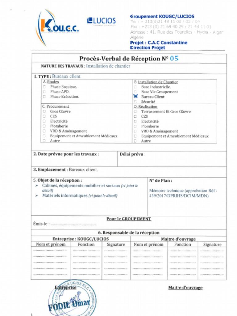 PV-NR 05-Intallation de Chantier-Bureaux Client-Modifié Du 16.10.2018 | PDF