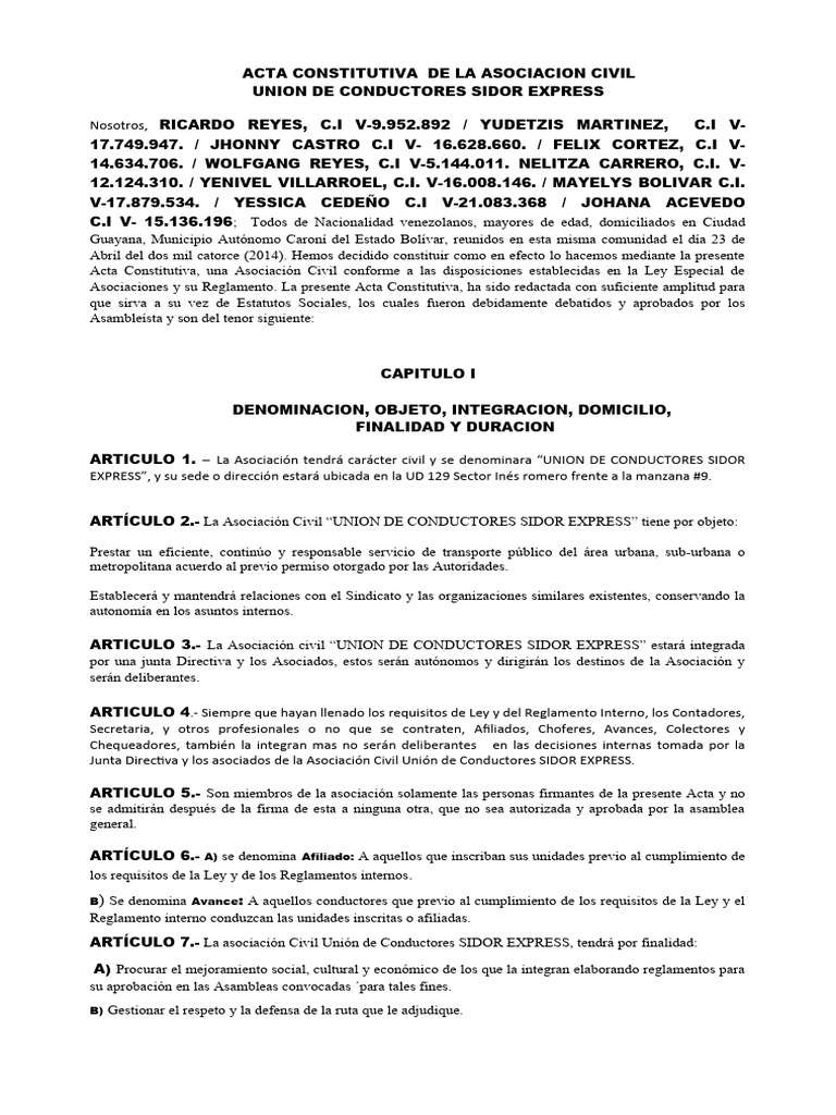 ACTA CONSTITUTIVA DE LA ASOCIACION CIVIL Perlaza | PDF | Regulación | Junta Directiva