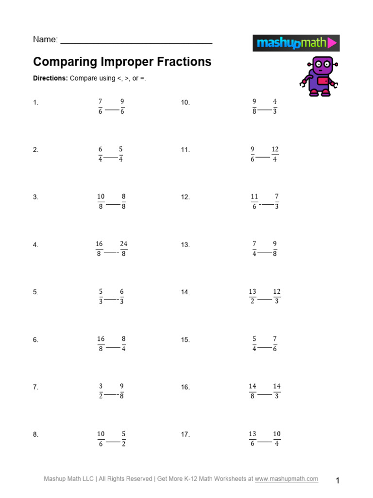 Comparing Improper Fractions (A) | PDF