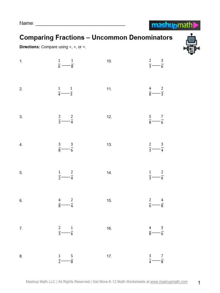 Comparing Fractions (Uncommon Denominators) (A) | PDF | Mathematics ...