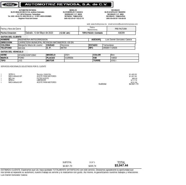 13may23 Mtto Iansa-015 Prefactura | PDF | Vehículos de ruedas | Transporte