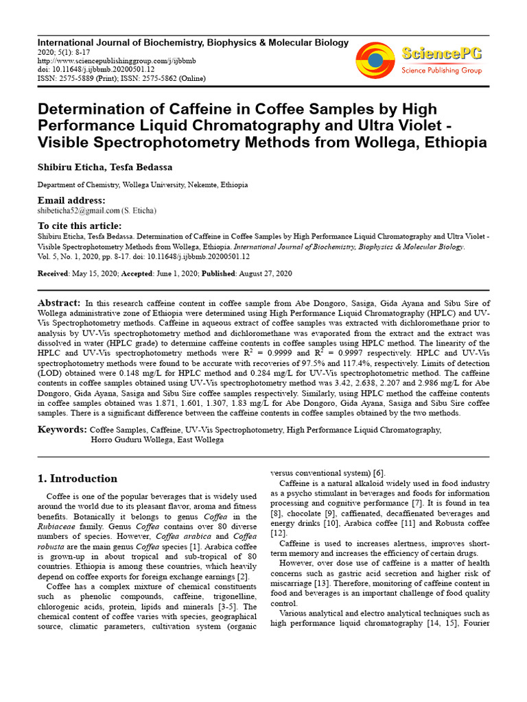 Determination of Caffeine in Coffee Samples by Hig | PDF | High ...