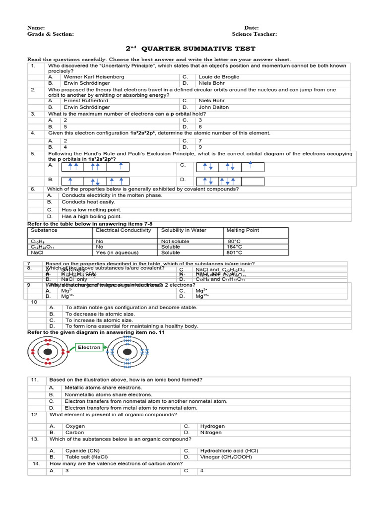 SUMMATIVE TEST SY2022 - 2023 - Q2 - G9 - Science | PDF | Chemical ...