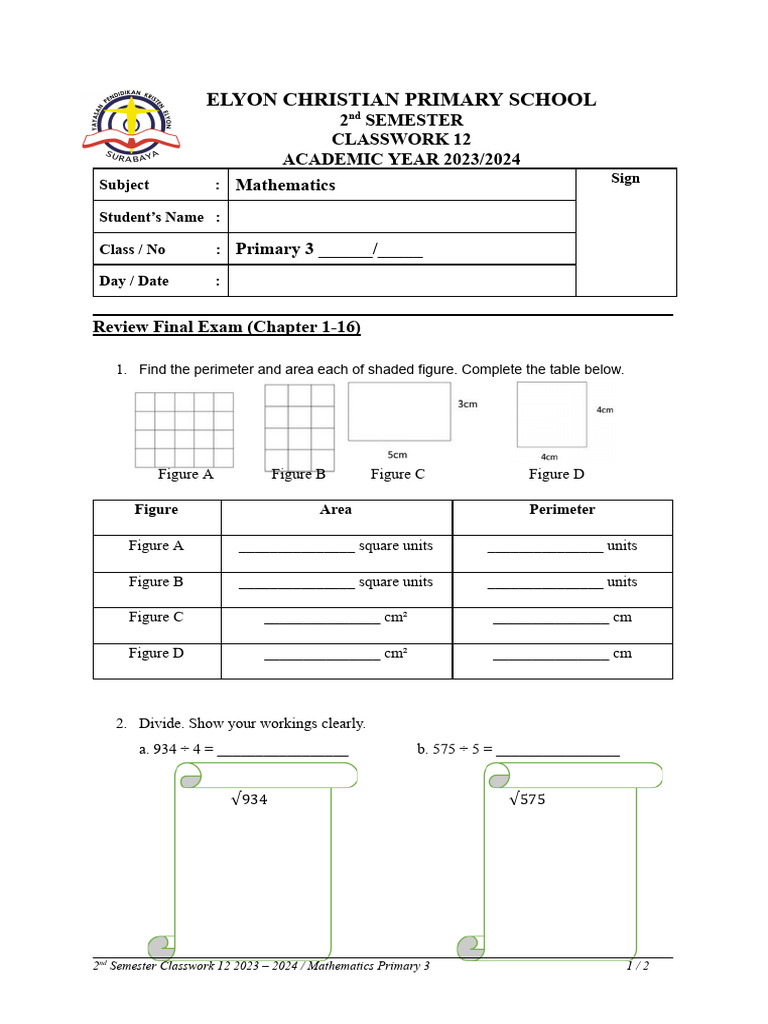 Mathematics - Classwork 12 (EDIT) - Primary 3 (Sem 2) Review FE | PDF | Schools