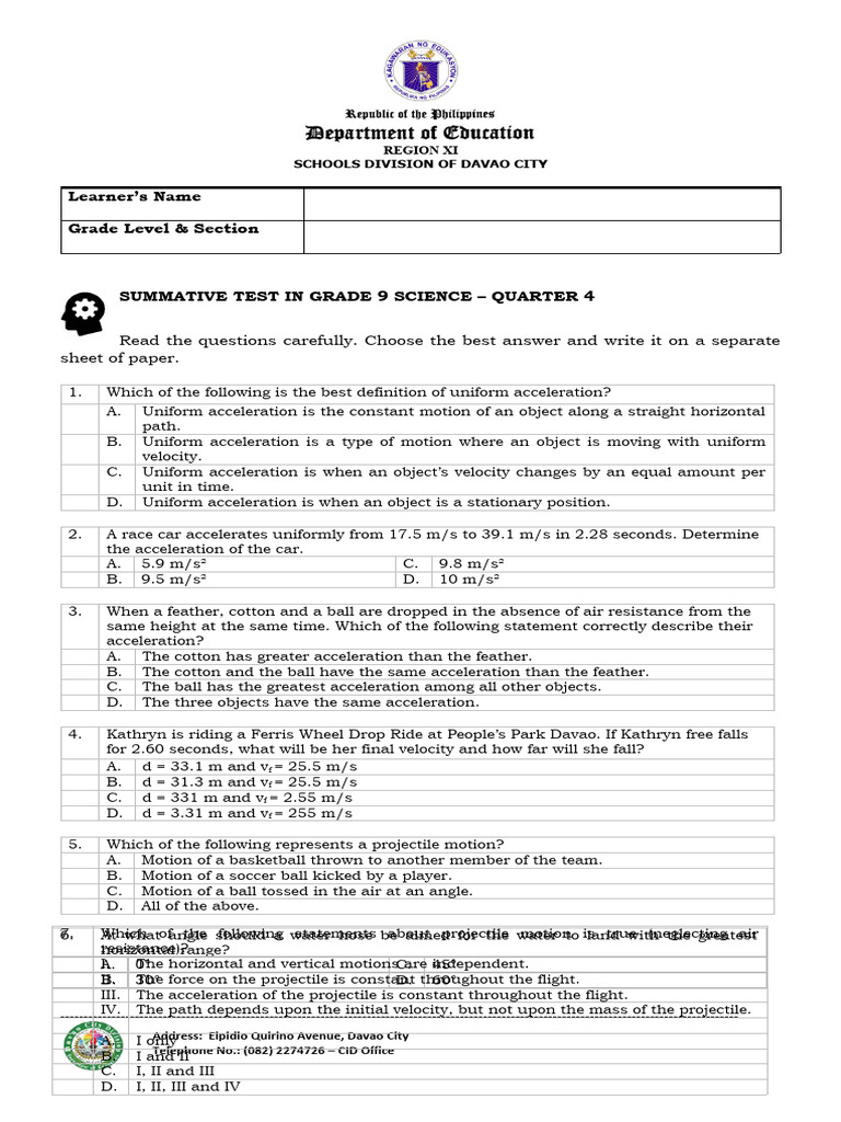 Q4 - G9 - Science - SUMMATIVE TEST SY 2023-2024 | PDF | Collision | Heat