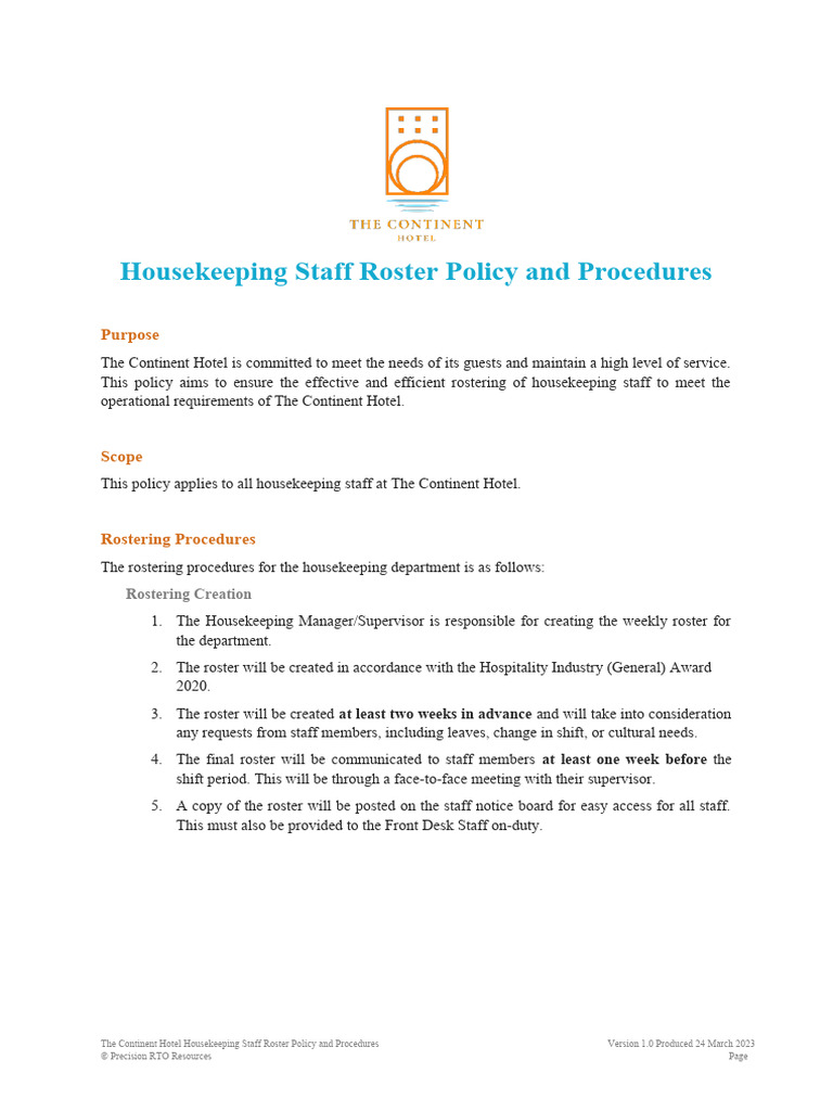 TCH-Housekeeping Staff Roster Policy and Procedures v1.0 | PDF ...