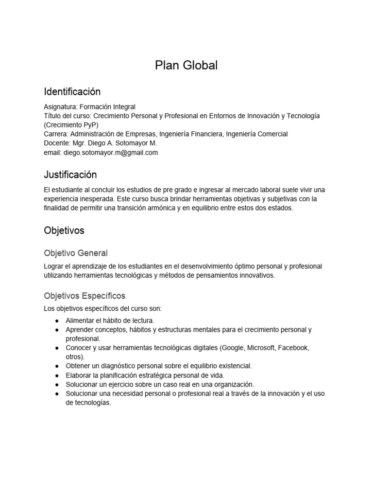Plan Global Creciemiento PyP | PDF | Aprendizaje
