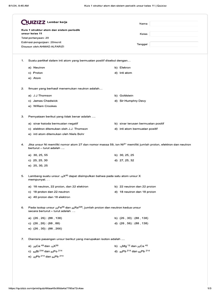 Kuis 1 Struktur Atom Dan Sistem Periodik Unsur Kelas 11 - Quizizz | PDF