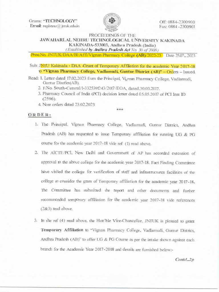 2017-2018 JNTUK Approval Letter | PDF | Pharmacy