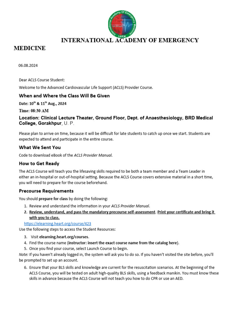 ACLS Provider Course Details and Preparation | PDF | Medicine | Health Care