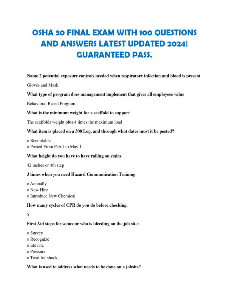 Osha 30 Final Exam With 100 Questions and Answers Latest Updated 2024 ...