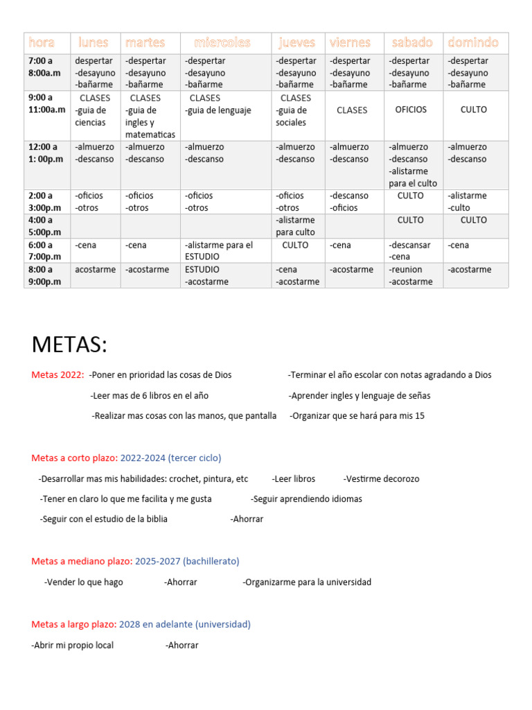 Horario y Metas | PDF