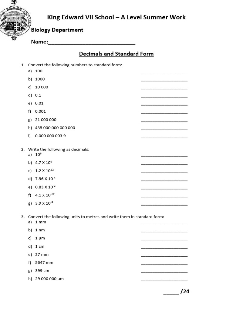 A Level Biology: Standard Form & Conversions | PDF | Concentration | Odds