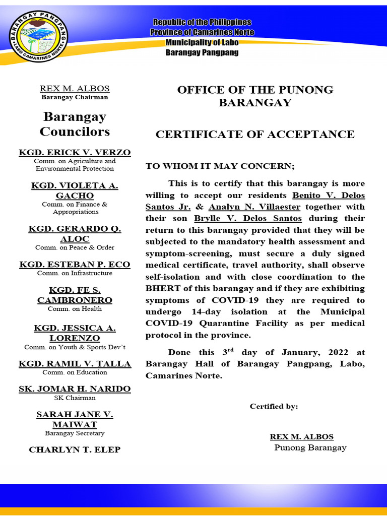 Barangay Acceptance Certificate for Residents | PDF