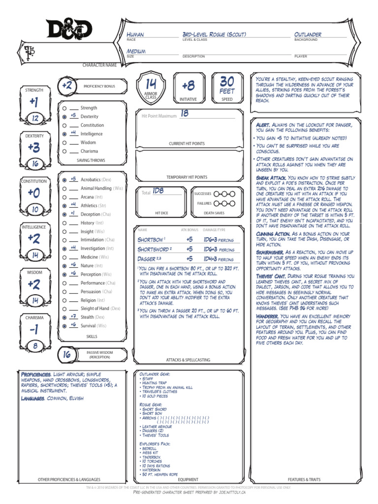 DD 5e Rogue 3 Scout Human Outlander | PDF
